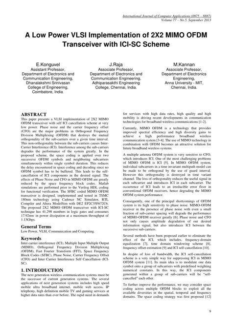 pdf a low power vlsi implementation of 2x2 mimo ofdm transceiver with ici sc scheme