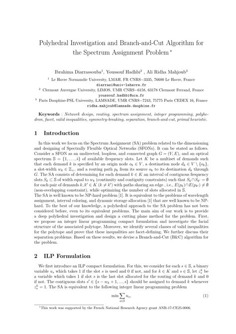pdf polyhedral investigation and branch and cut algorithm for the spectrum assignment problem