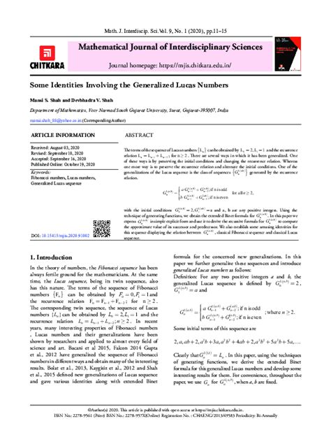 pdf some identities involving the generalized lucas numbers devbhadra shah
