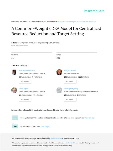 pdf a common weights dea model for centralized resource reduction and target setting farhad