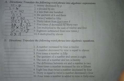 solved directions translate the following word phrase into algebraic expressions 1 twenty
