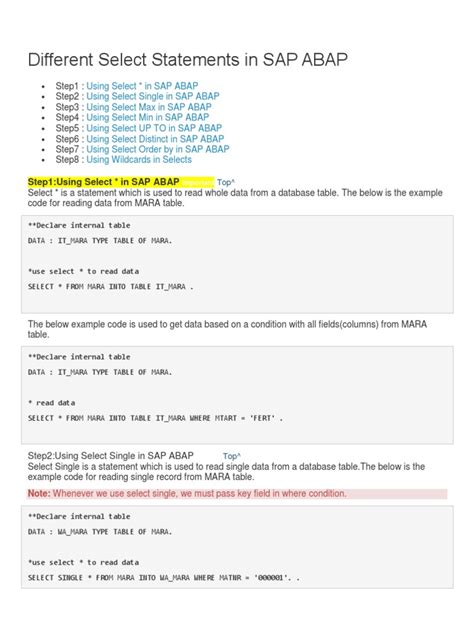 different select statements sap abap pdf table database databases