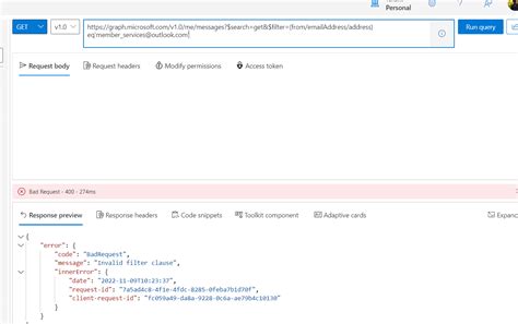 oauth 2 0 microsoft graph api filter with from email and search stack overflow