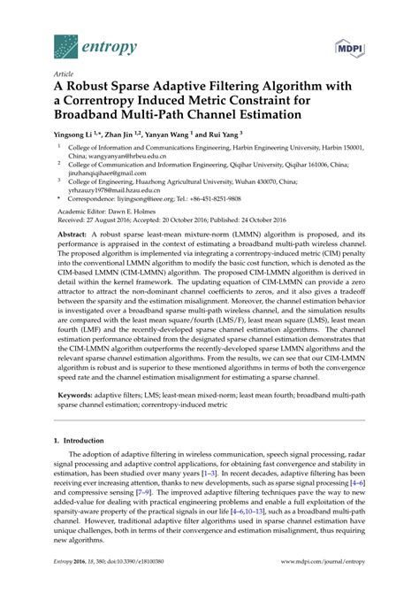 pdf a robust sparse adaptive filtering algorithm with a correntropy induced metric constraint