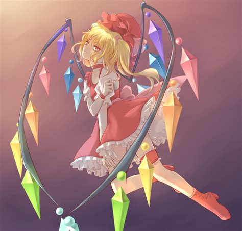 Safebooru Akemixu Blonde Hair Choker Crystal Dress Flandre Scarlet Frilled Dress Frilled Hat
