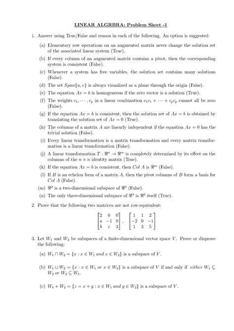 linear algebra problem sheet 1 linear algrbra problem sheet 1 1 answer using true false and