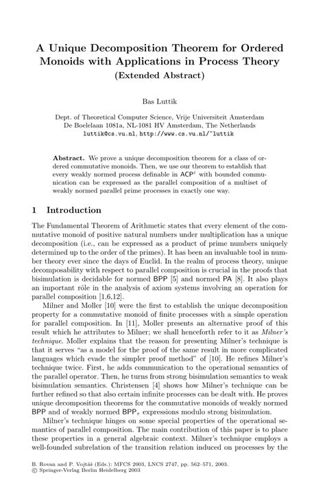 pdf a unique decomposition theorem for ordered monoids with applications in process theory