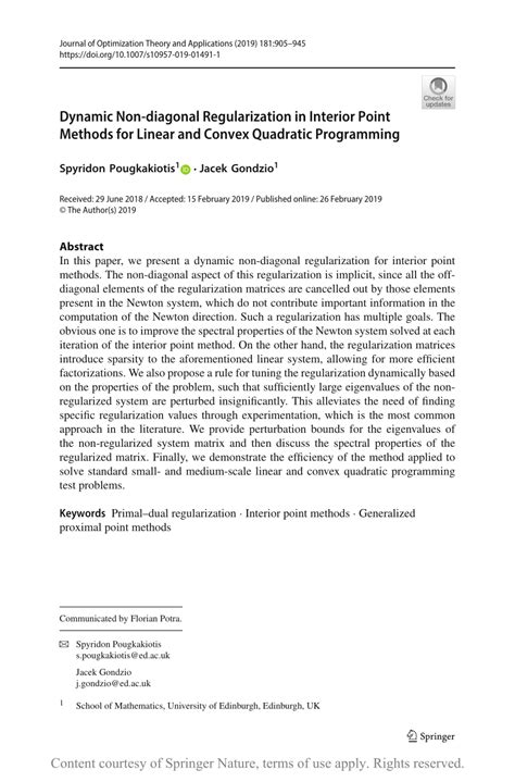 pdf dynamic non diagonal regularization in interior point methods for linear and convex