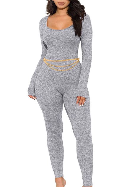 Women Long Sleeve Bodycon Jumpsuits Square Neck Knitted Ribbed Rompers Workout Yoga One Piece