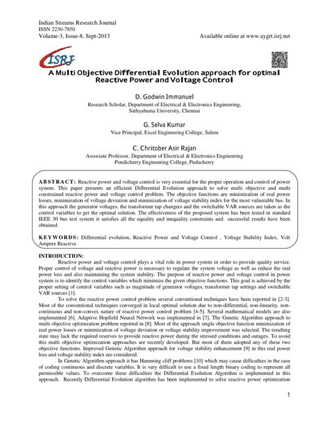 pdf a multi objective differential evolution approach for optimal reactive power and voltage