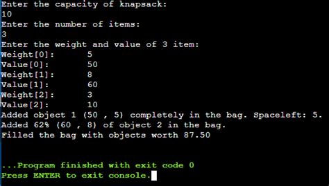 fractional knapsack using greedy technique in c