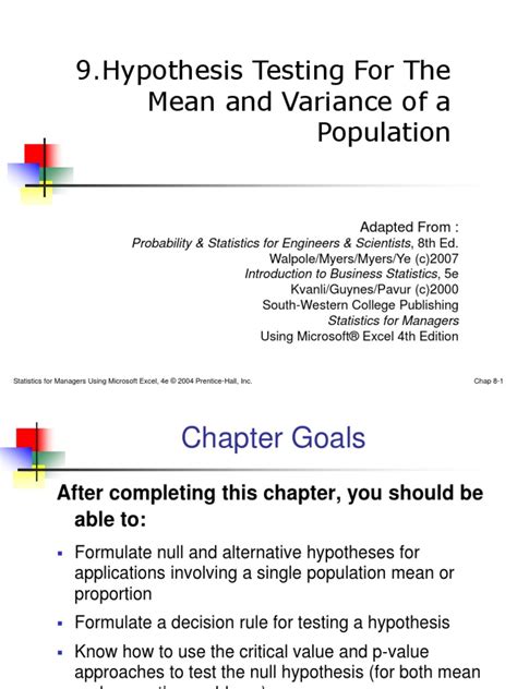 9 hypothesis testing for the mean and variance of a population pdf statistical hypothesis