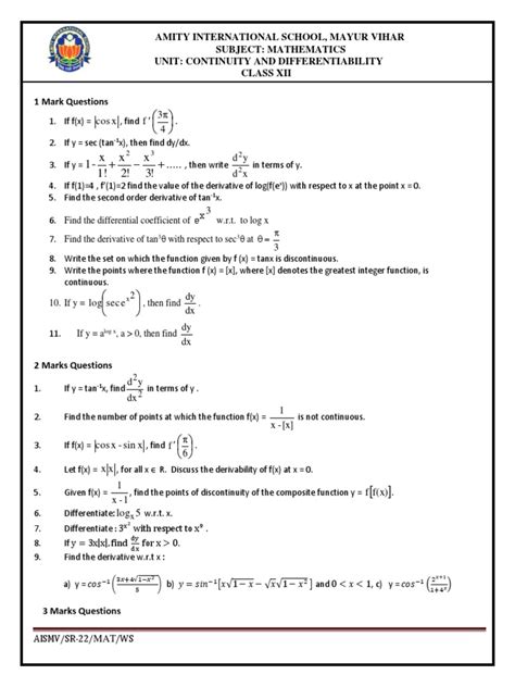 amity assignment continuty and differentiability pdf function mathematics derivative