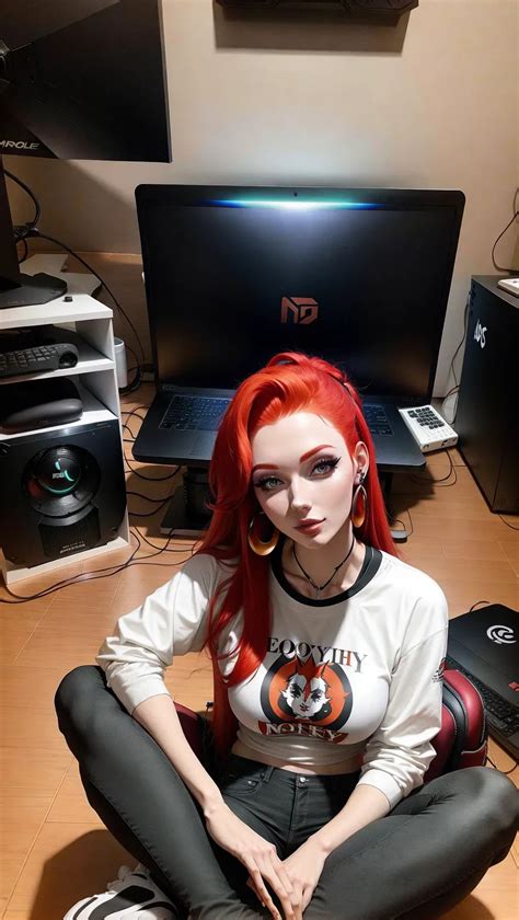 Dopamine Girl 20 Year Old Egirl Red Hair Streamer Sitting On The Floor Infront Of A Laptop