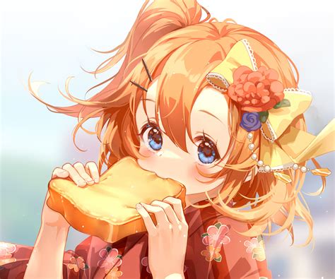 Wallpaper Honoka Kousaka Love Live Blue Eyes Orange Hair Blush Looking At Viewer Food