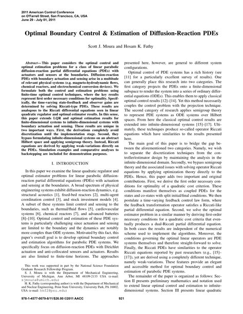 pdf optimal boundary control and estimation of diffusion reaction pdes