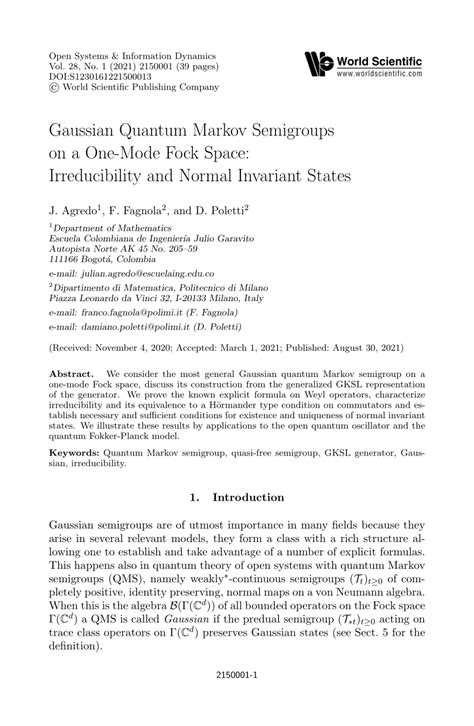 pdf gaussian quantum markov semigroups on a one mode fock space irreducibility and normal