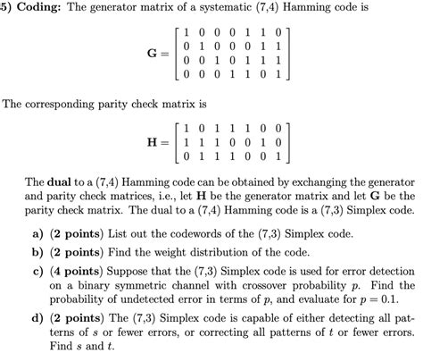 5 coding the generator matrix of a systematic 7 4