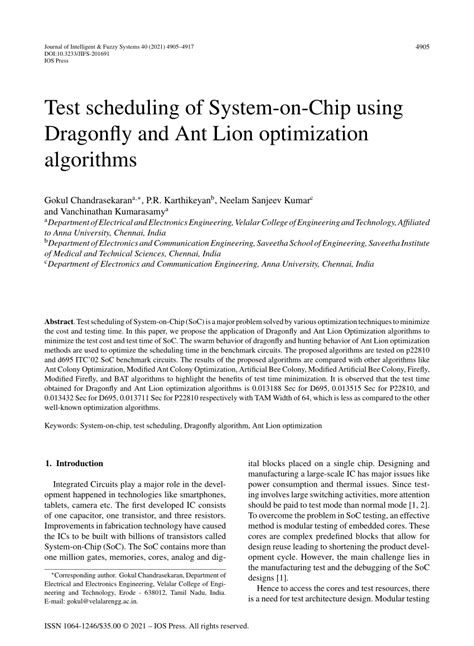 pdf test scheduling of system on chip using dragonfly and ant lion optimization algorithms