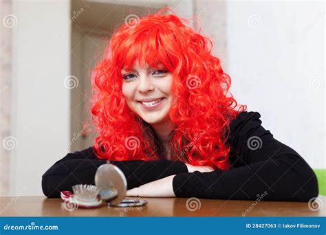 Smiling Woman In Red Wig Stock Image Image Of Beauty 28427063
