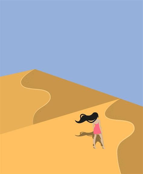 핑크 드레스를 입은 소녀는 모래언덕을 따라 걷는다 프리미엄 벡터