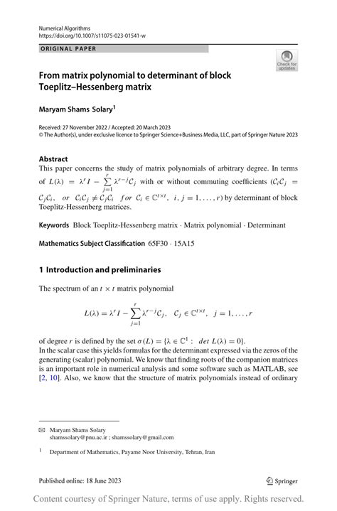 from matrix polynomial to determinant of block toeplitz hessenberg matrix request pdf