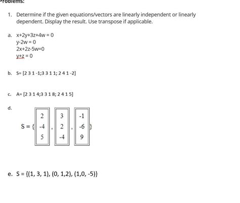 solved roblems 1 determine if the given equations vectors