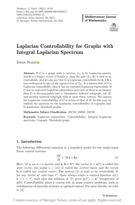laplacian controllability for graphs with integral laplacian spectrum request pdf