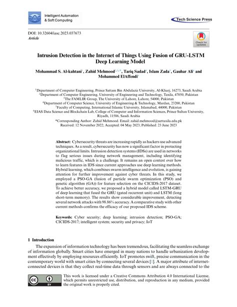 pdf intrusion detection in the internet of things using fusion of gru lstm deep learning model
