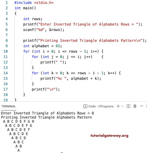 c program to print inverted triangle alphabets pattern