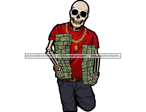 Hustler Skull Man Personaje De Dibujos Animados Que Lleva Pilas De