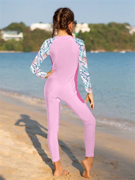 Shein Tween Girl Splice Tropical Printed Raglan Sleeve Zipper One Piece Swimsuit Shein Usa