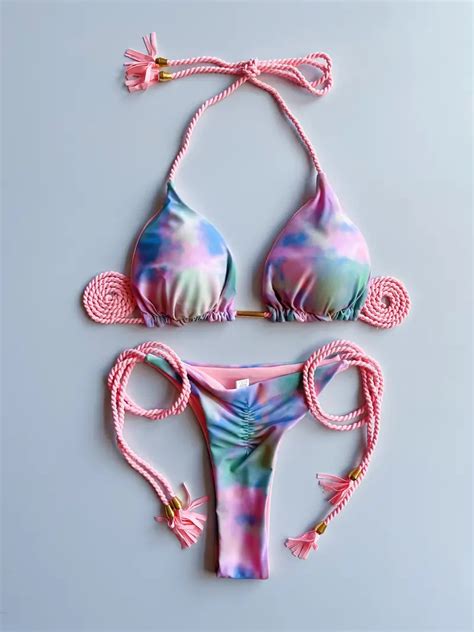 Random Print Triangle Bikini Sets V Beck Tassel Tie Back Temu