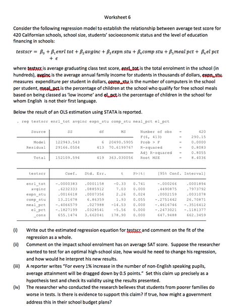 solved worksheet 6 consider the following regression model