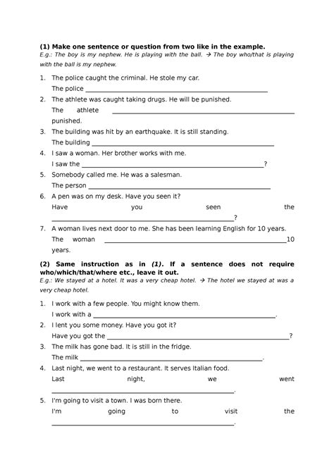 W5 Exercises Relative Clauses 1 Make One Sentence Or Question