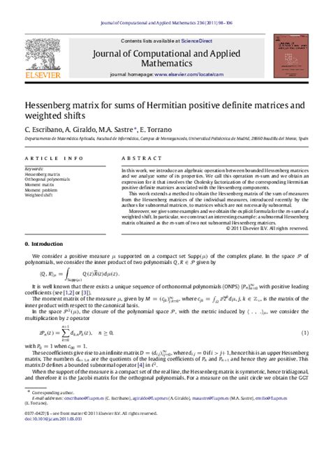pdf hessenberg matrix for sums of hermitian positive definite matrices and weighted shifts