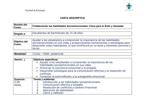 Carta Descriptiva Taller De Habilidades Socioemocionales CARTA