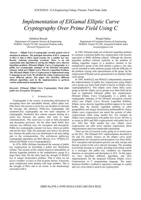 pdf implementation of elgamal elliptic curve cryptography over prime field using c
