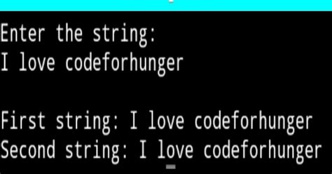 codeforhunger c program to copy one string to another string without using strcpy function