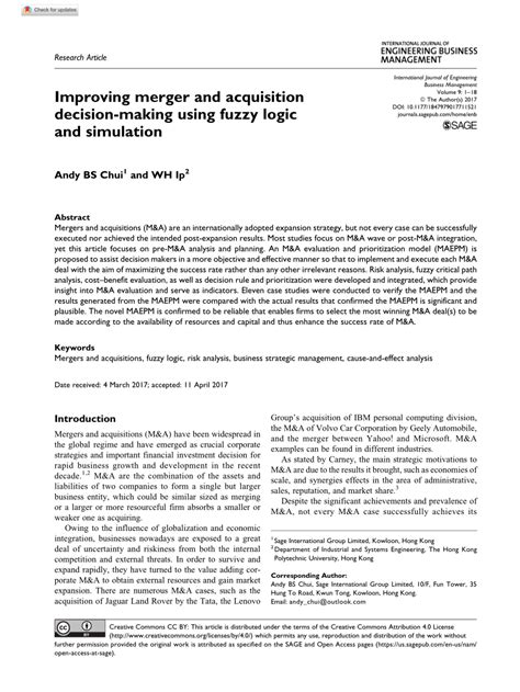 pdf improving merger and acquisition decision making using fuzzy logic and simulation