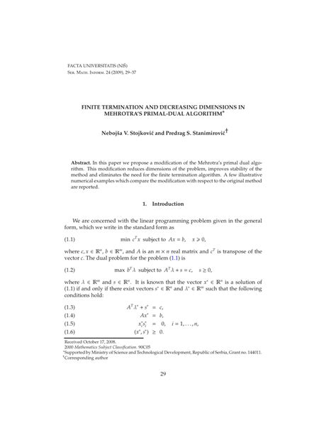 pdf finite termination and decreasing dimensions in mehrotra s primal dual algorithm