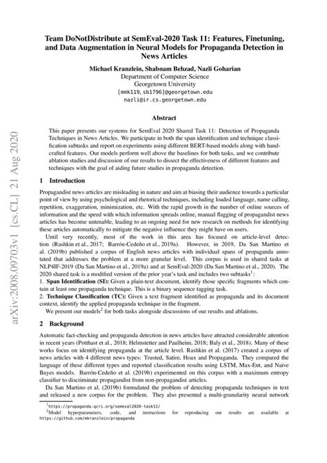 team donotdistribute at semeval 2020 task 11 features finetuning and data augmentation in