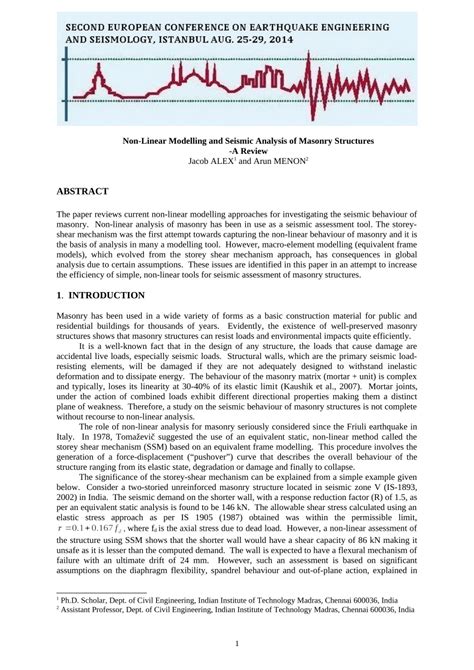 pdf non linear modeling and seismic analysis of masonry structures a review