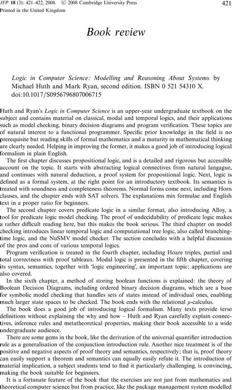 logic in computer science modelling and reasoning about systems by michael huth and mark ryan