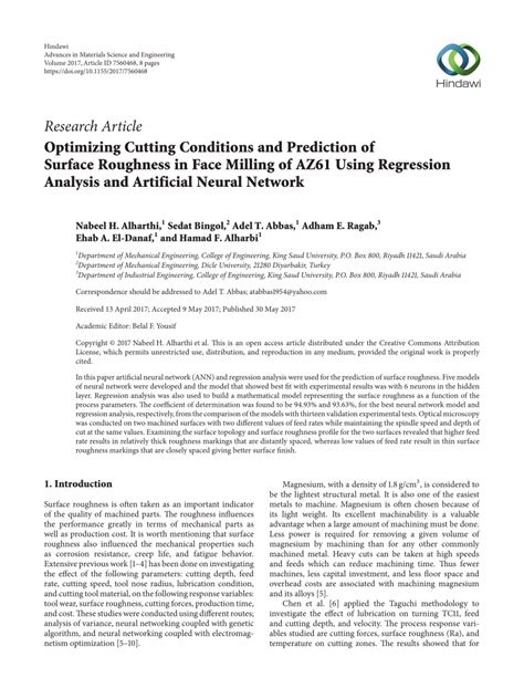 pdf optimizing cutting conditions and prediction of surface roughness in face milling of az61