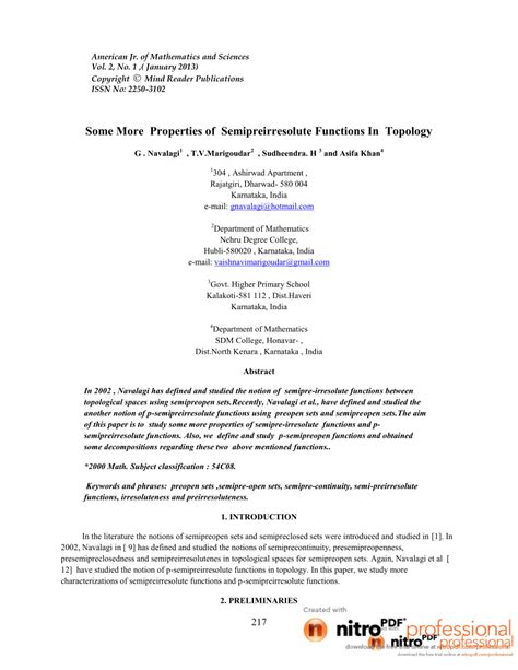 pdf some more properties of semipreirresolute functions in topology