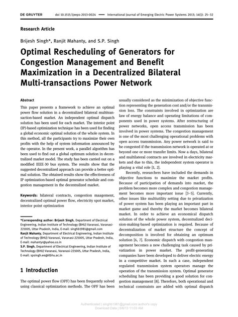 pdf optimal rescheduling of generators for congestion management and benefit maximization in a
