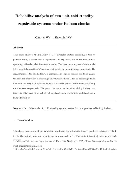 pdf reliability analysis of two unit cold standby repairable systems under poisson shocks