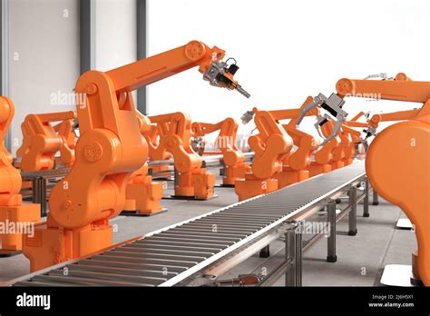 Automation Industry Concept With 3d Rendering Robot Assembly Line In
