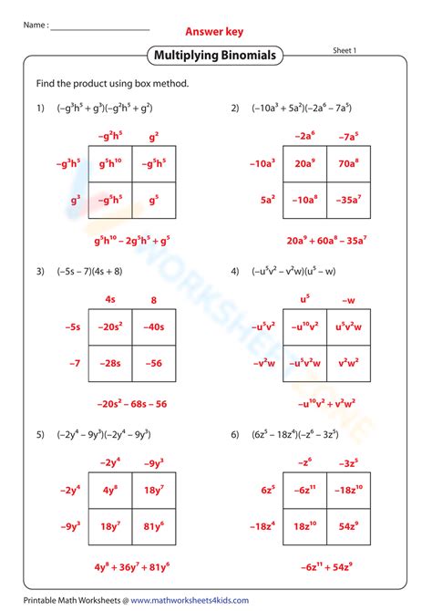 Multiplying Binomials Box Method Worksheet – Free Printable Practice ...